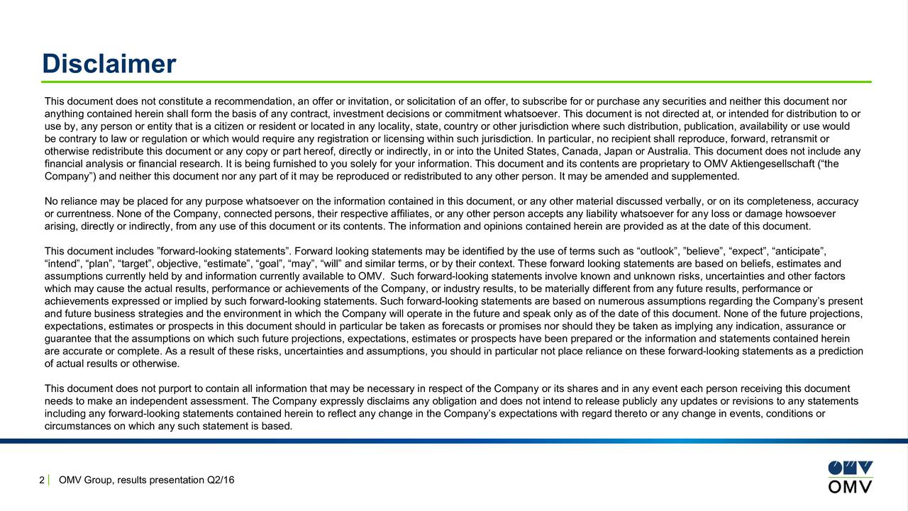 OMV AG 2016 Q2 - Results - Earnings Call Slides (OTCMKTS:OMVJF) | Seeking Alpha