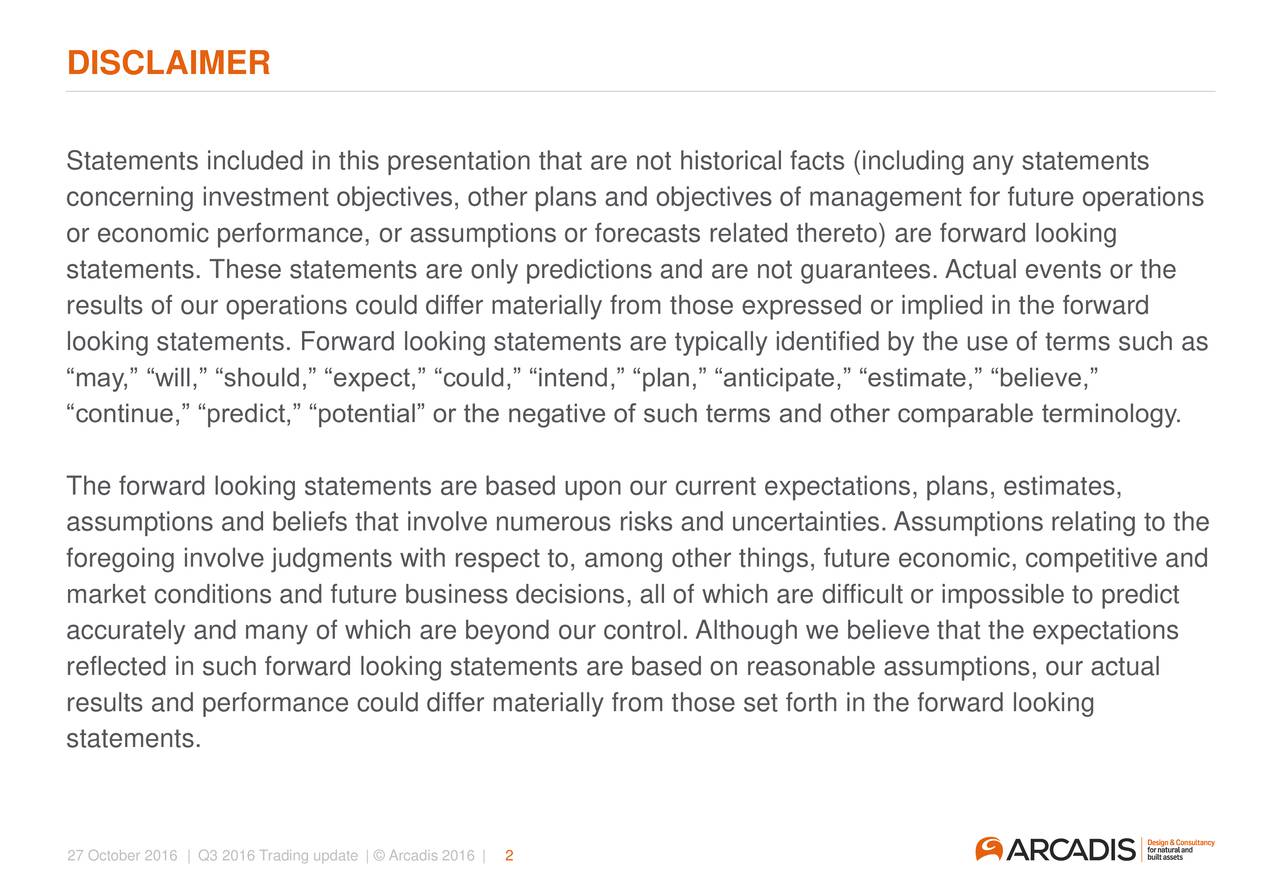 Arcadis NV 2016 Q3 - Results - Earnings Call Slides (OTCMKTS:ARCVF) | Seeking Alpha