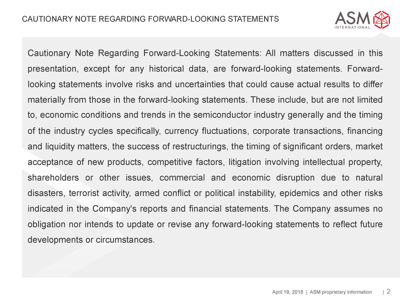 ASM International N.V. 2018 Q1 - Results - Earnings Call Slides (OTCMKTS:ASMIY) | Seeking Alpha
