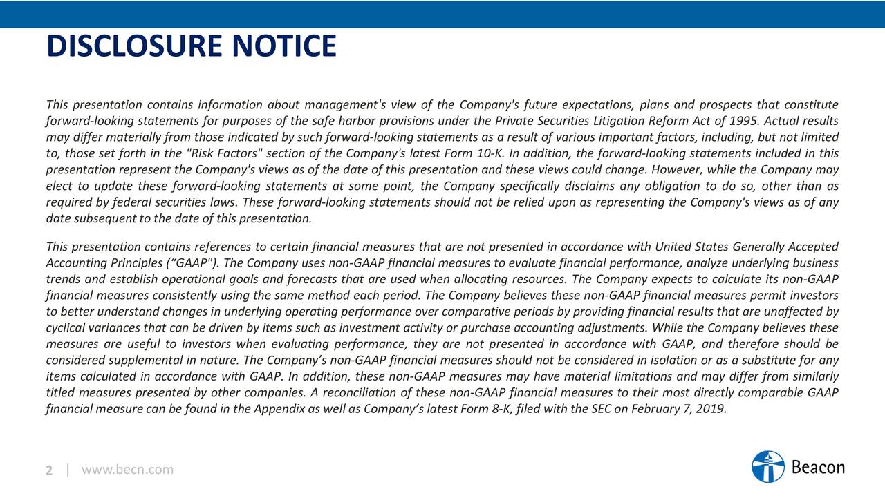 Beacon Roofing Supply, Inc. 2019 Q1 - Results - Earnings Call Slides ...