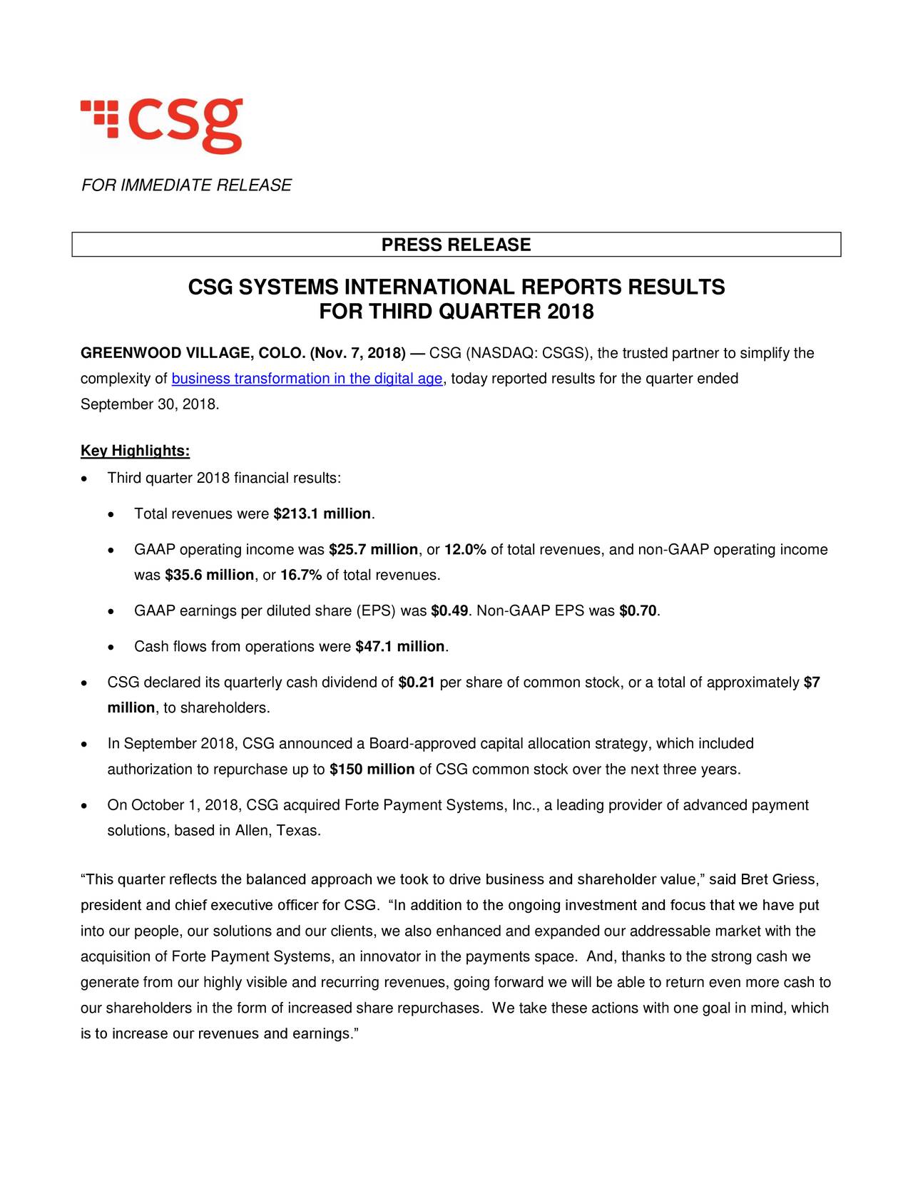 CSG Systems International, Inc. 2018 Q3 - Results - Earnings Call ...