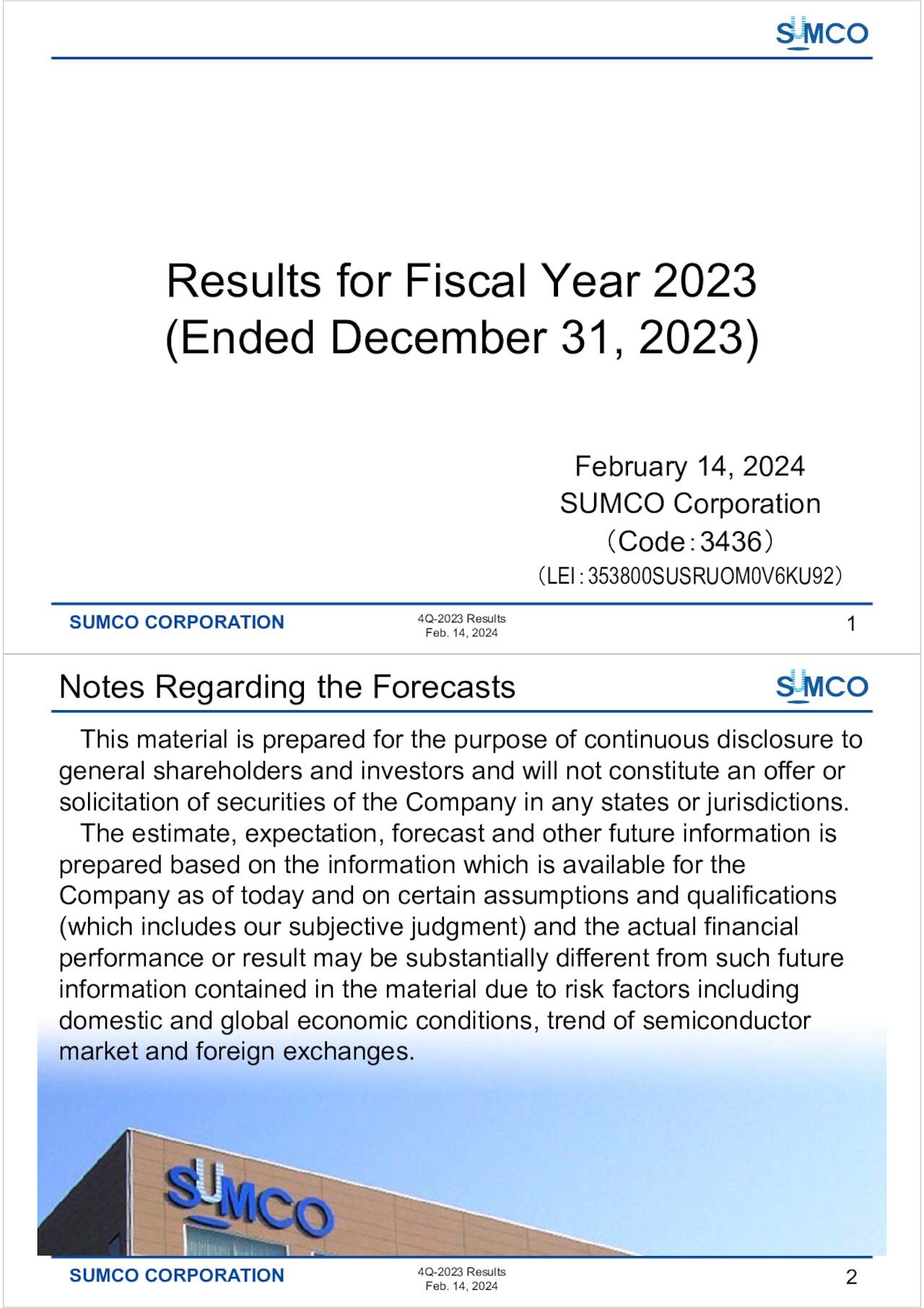 Sumco Corporation 2023 Q4 - Results - Earnings Call Presentation (OTCMKTS:SUMCF) | Seeking Alpha