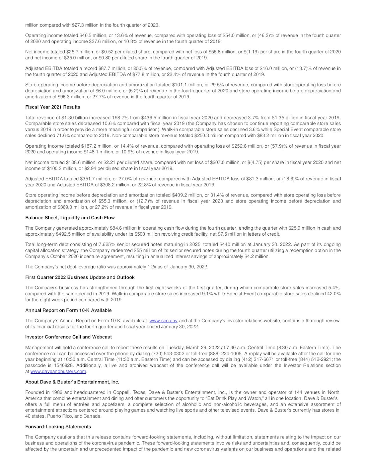 Dave & Buster's Entertainment, Inc. 2021 Q4 - Results - Earnings Call Presentation (NASDAQ:PLAY ...