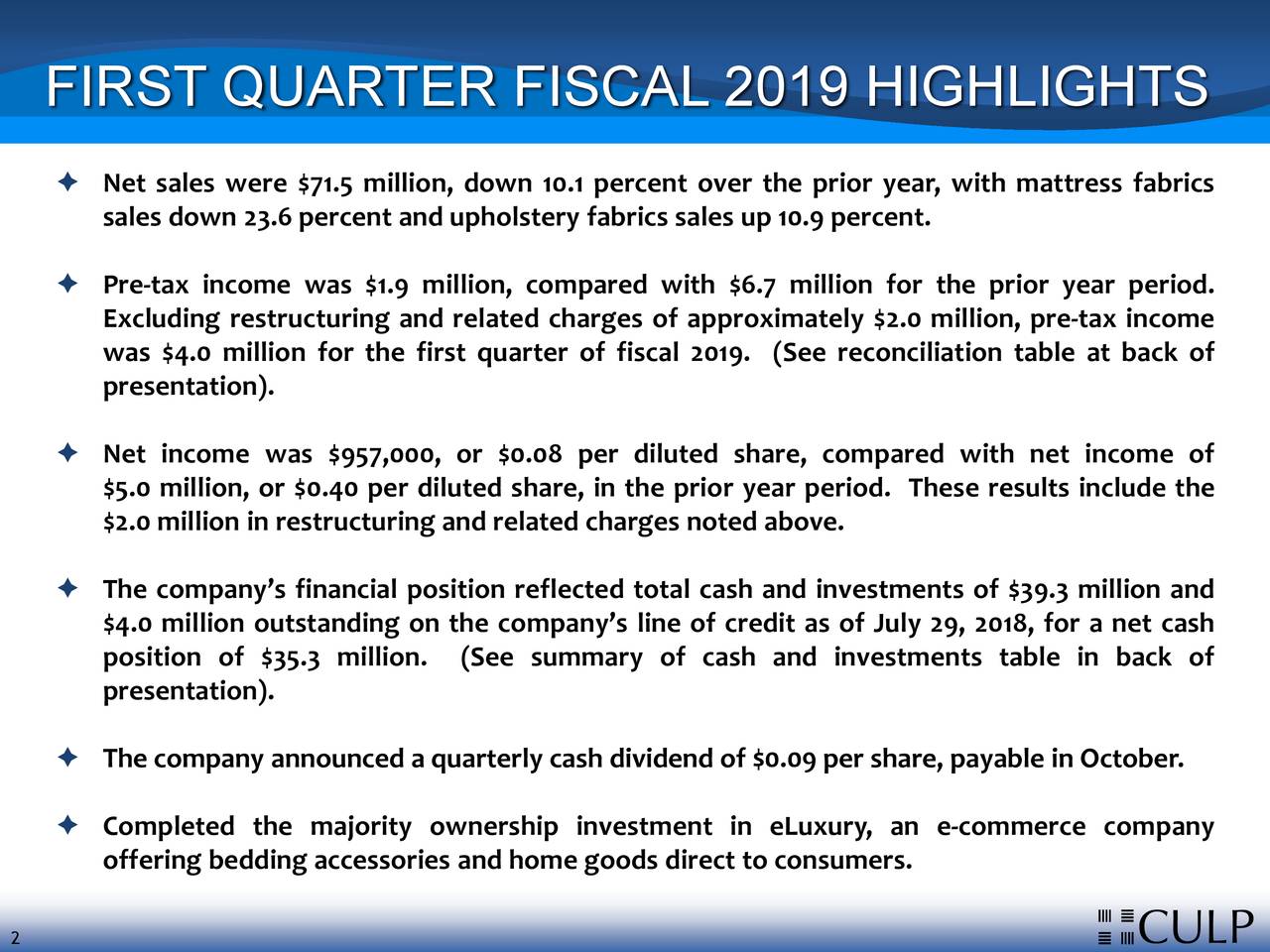 Culp, Inc. 2019 Q1 - Results - Earnings Call Slides (NYSE:CULP) | Seeking Alpha