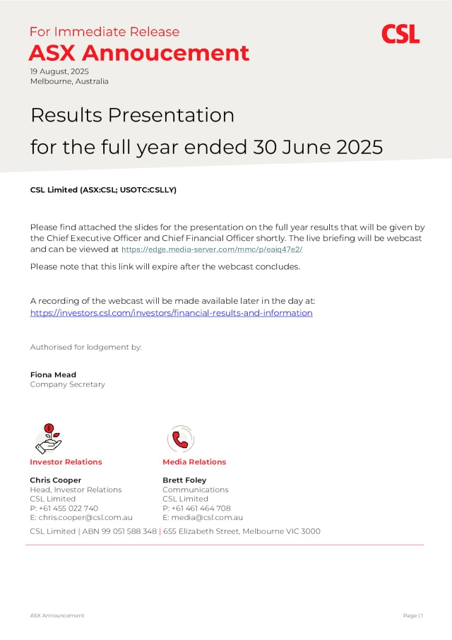 CSL Limited 2025 Q4 - Results - Earnings Call Presentation (OTCMKTS ...