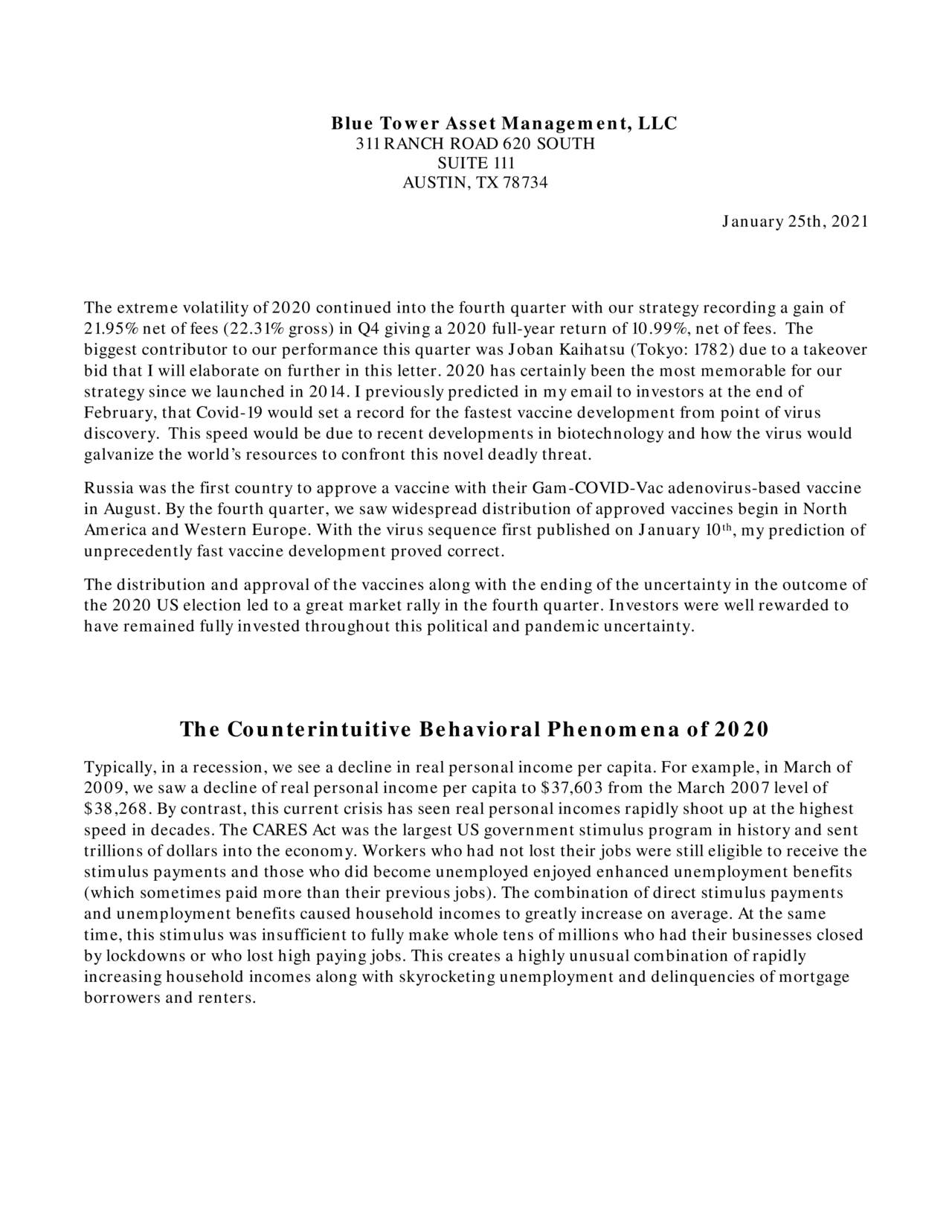 Blue Tower Asset Management Q4 2020 Commentary | Seeking Alpha