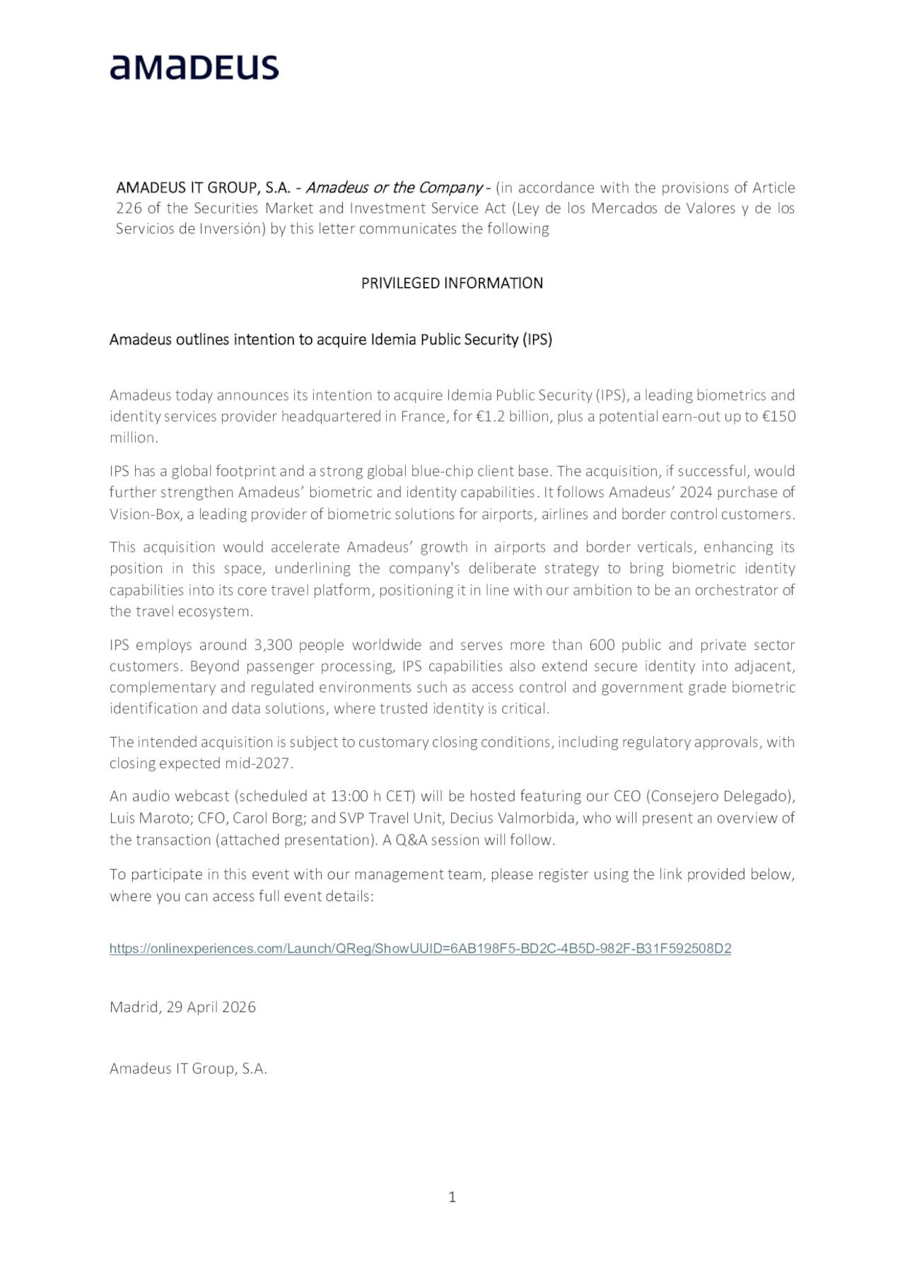 Amadeus IT Group, S.A. (AMADY) Idemia Public Security France - M&A Call ...