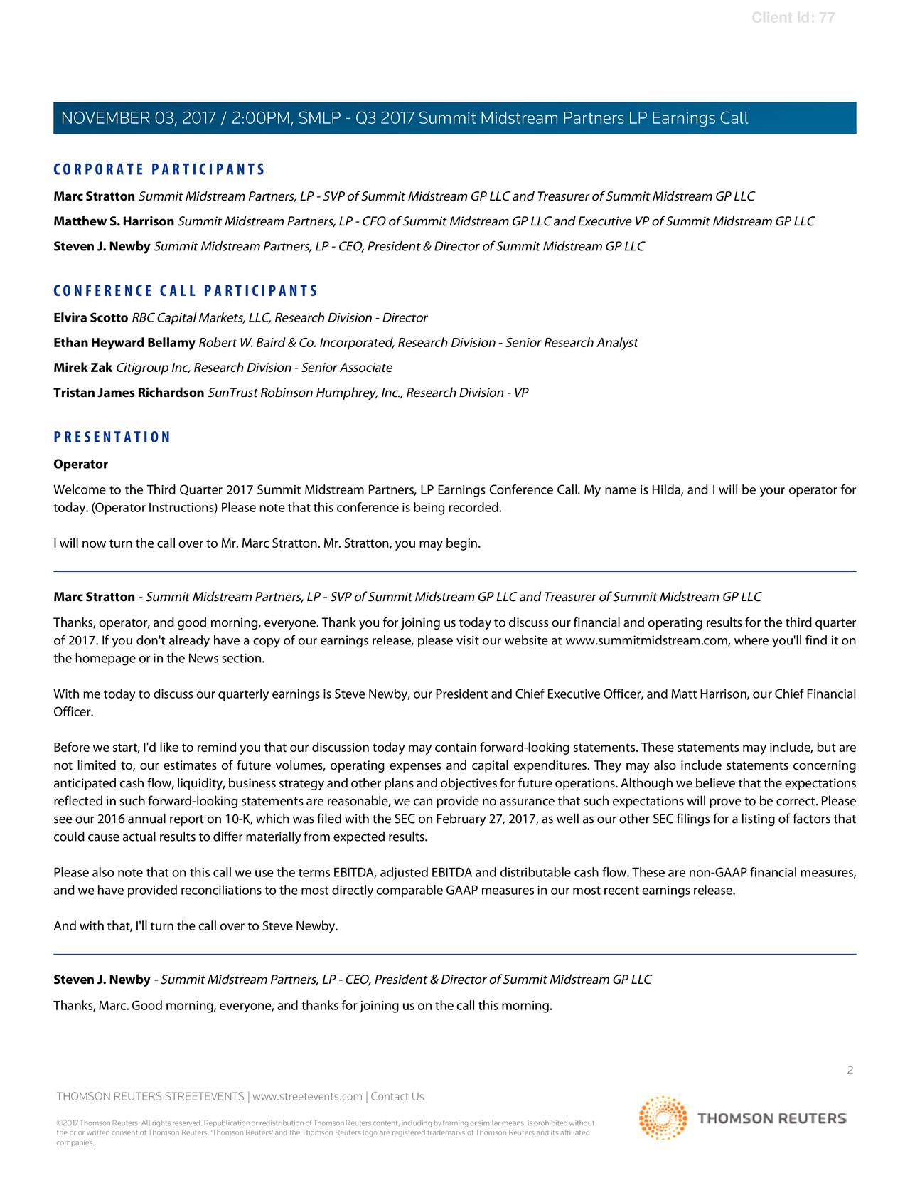Summit Midstream Partners 2017 Q3 - Results - Earnings Call Slides ...