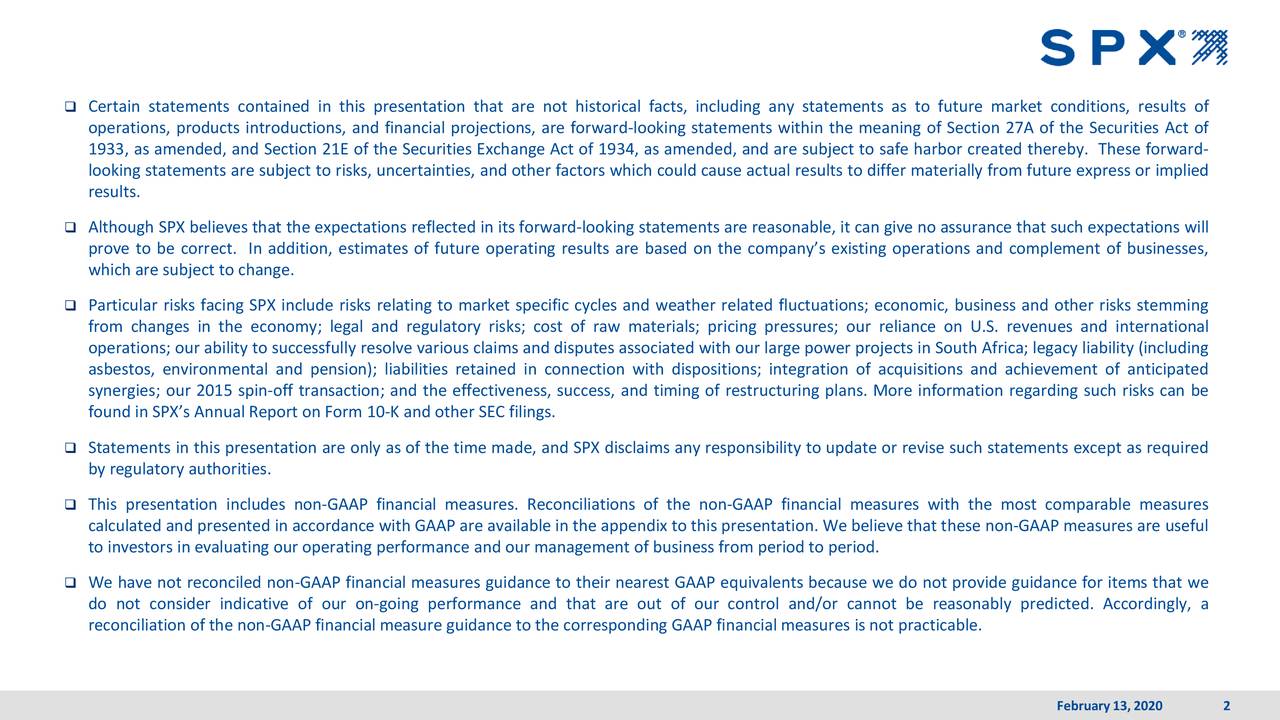 SPX Corporation 2019 Q4 - Results - Earnings Call Presentation (NYSE:SPXC) | Seeking Alpha