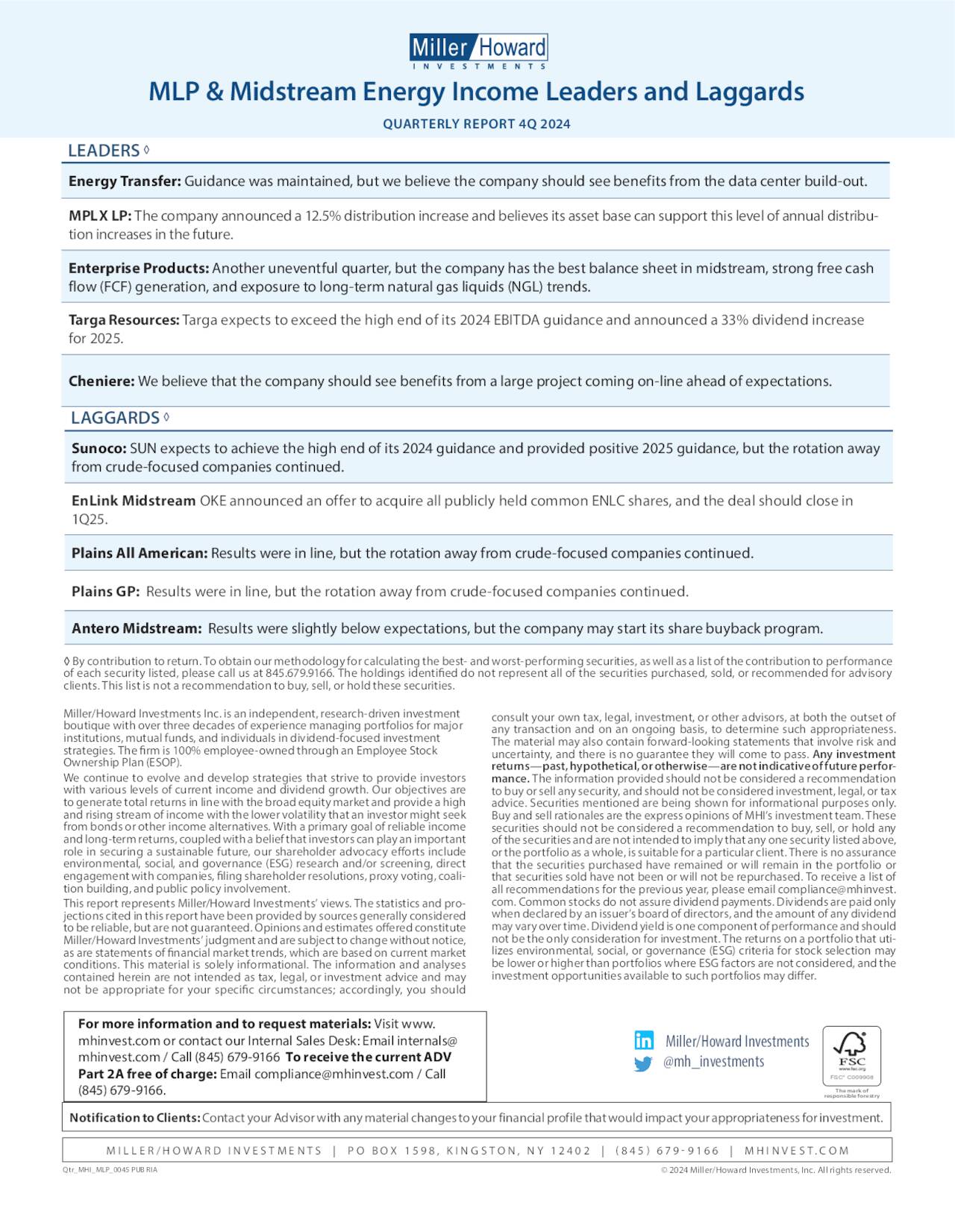 Miller-Howard MLP & Midstream Energy Income Q4 2024 Commentary ...