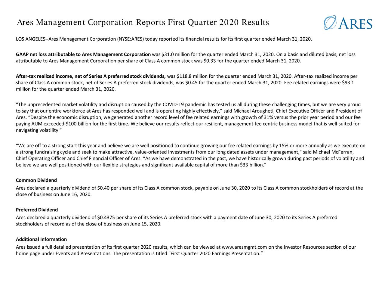 Ares Management Corporation 2020 Q1 - Results - Earnings Call ...