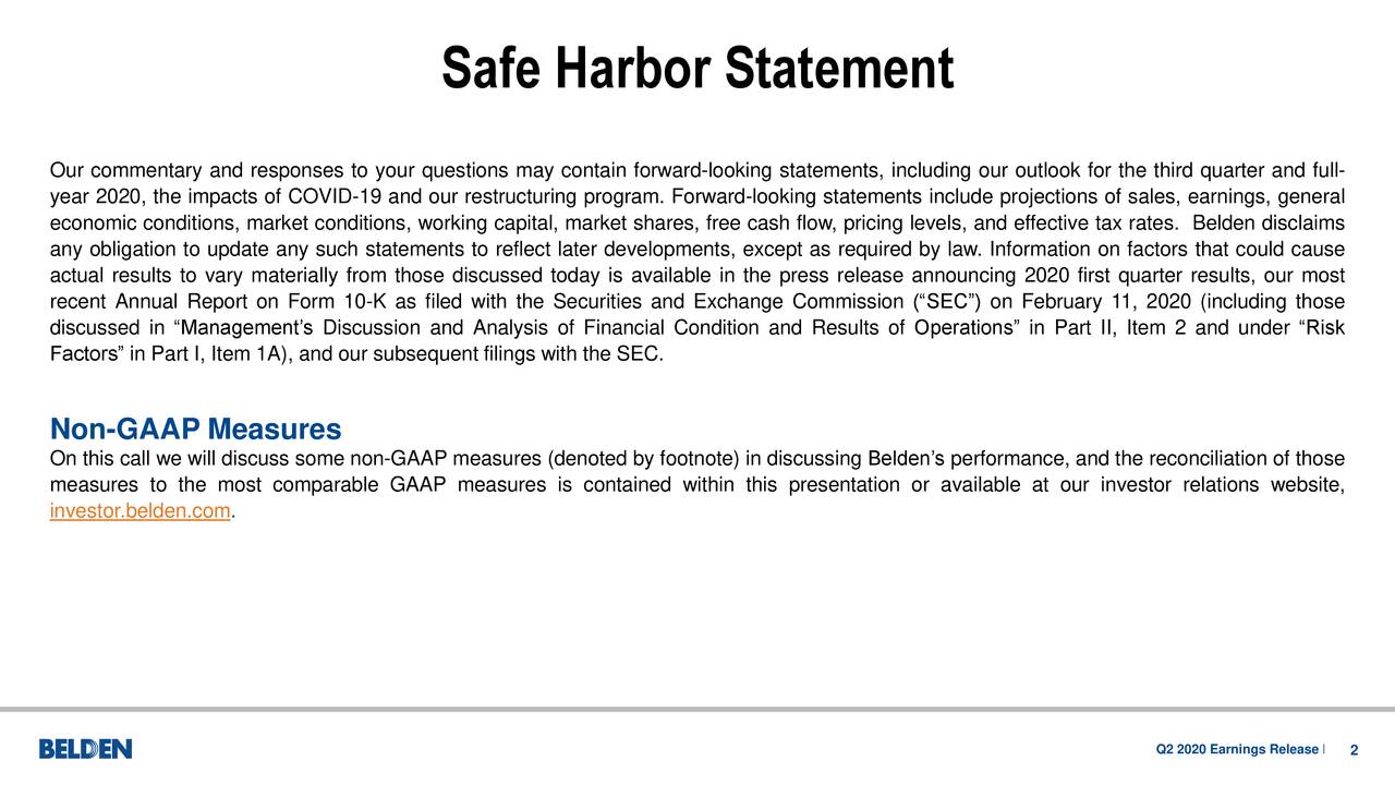 Belden Inc. 2020 Q2 - Results - Earnings Call Presentation (NYSE:BDC) | Seeking Alpha